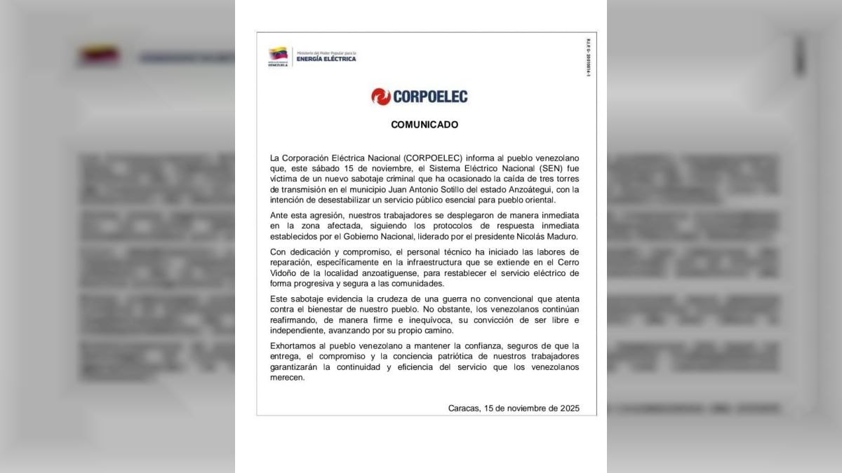CORPOELEC reports attack against SEN in Anzoátegui state